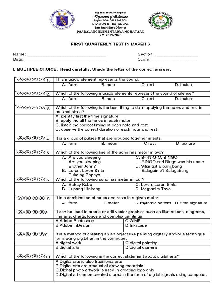 6-MAPEH 6-FINAL (With Key and Tos) | PDF | Physical Fitness | Muscle