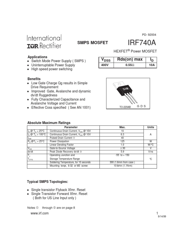 IRF740A: Smps Mosfet | PDF | Field Effect Transistor | Diode