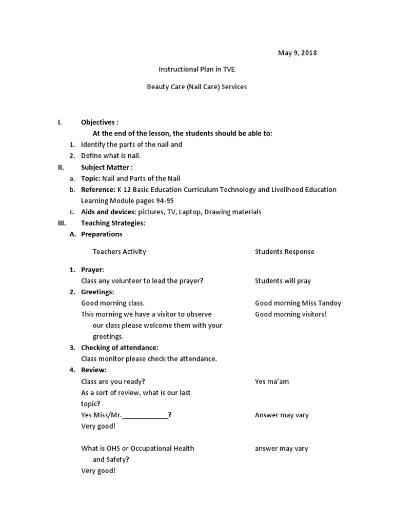 Lesson Plan in Beauty Care | PDF | Nail (Anatomy) | Learning