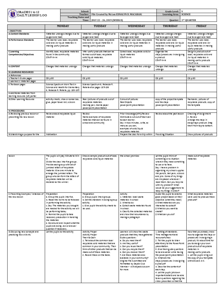 DLL - Science 5 - Q1 - W8 | PDF | Differentiated Instruction | Lecture