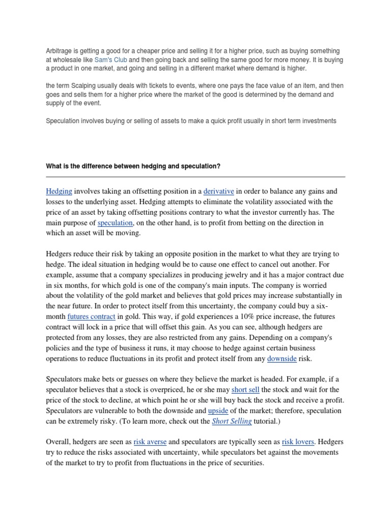 Difference Between Hedging and Arbitrage | PDF | Hedge (Finance) | Speculation