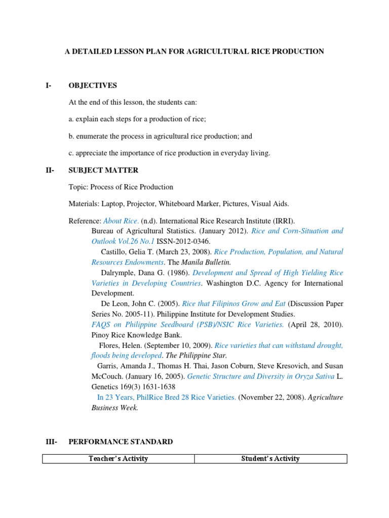 A Detailed Lesson Plan For Agricultural Rice Production | PDF | Tillage ...