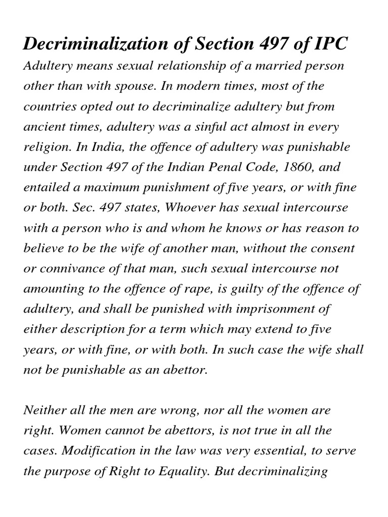 Decriminalization of Section 497 of IPC | PDF | Adultery | Marriage