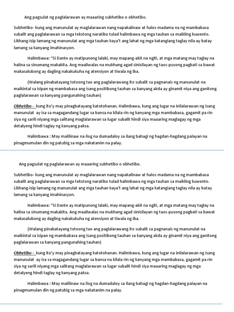 Ang Pagsulat NG Paglalarawan Ay Maaaring Subhetibo o Obhetibo | PDF