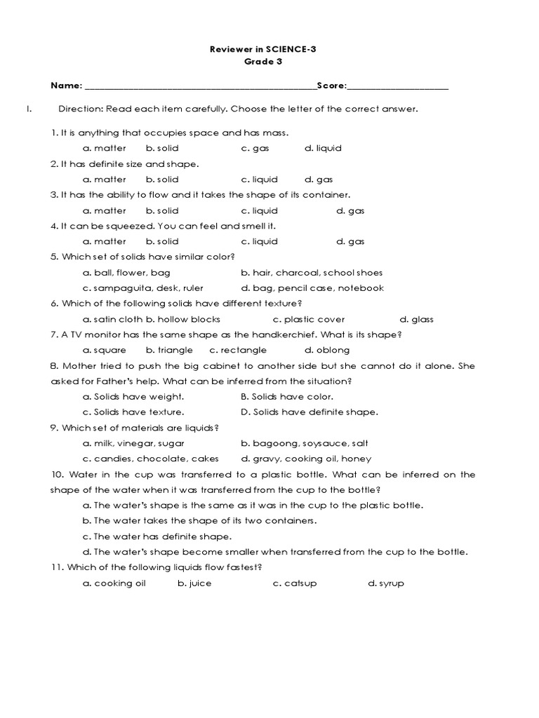 Reviewer in SCIENCE-3 Grade 3 Name: - Score | PDF | Liquids | Glasses