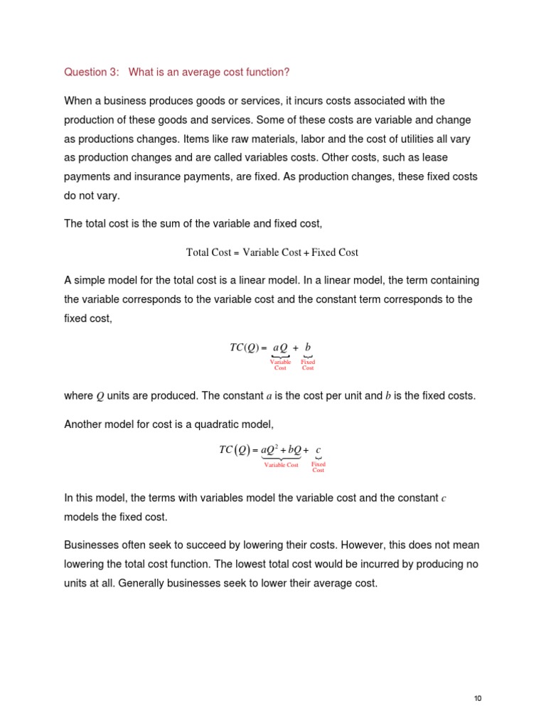Question 3: What Is An Average Cost Function?: Total Cost Variable Cost ...
