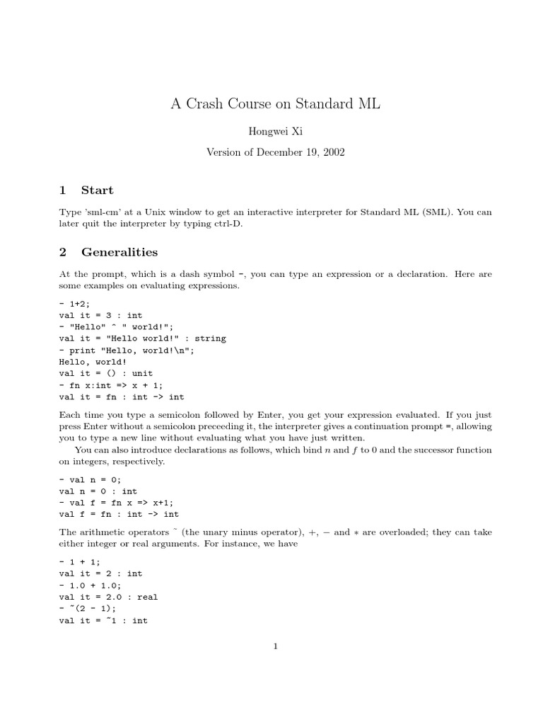 A Crash Course on Standard ML | PDF | Data Type | Subroutine