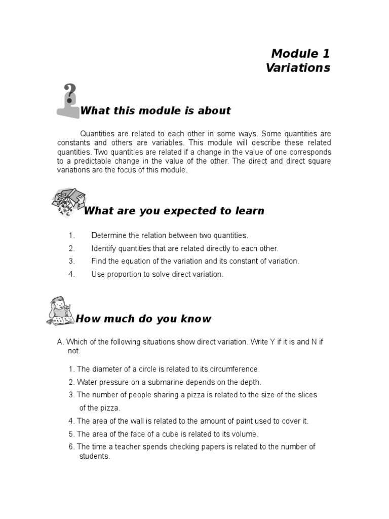 Module 1 Variations | PDF | Variable (Mathematics) | Equations