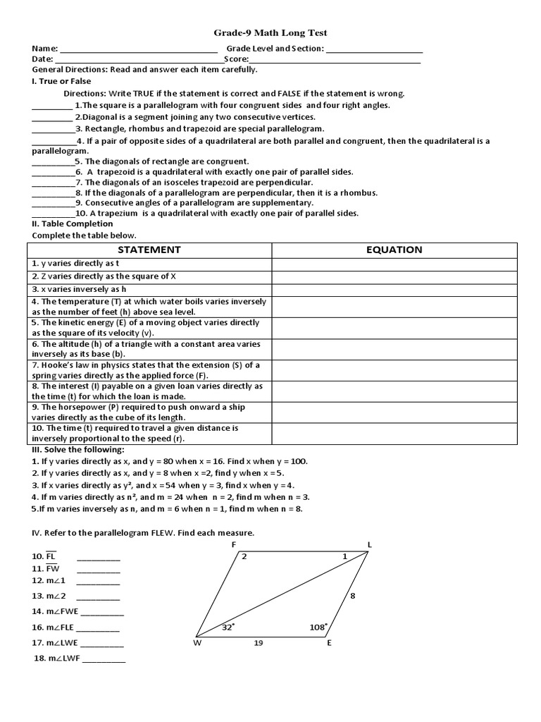 Grade 9 - Long Test (3rd Quarter) | PDF | Rectangle | Geometric Shapes