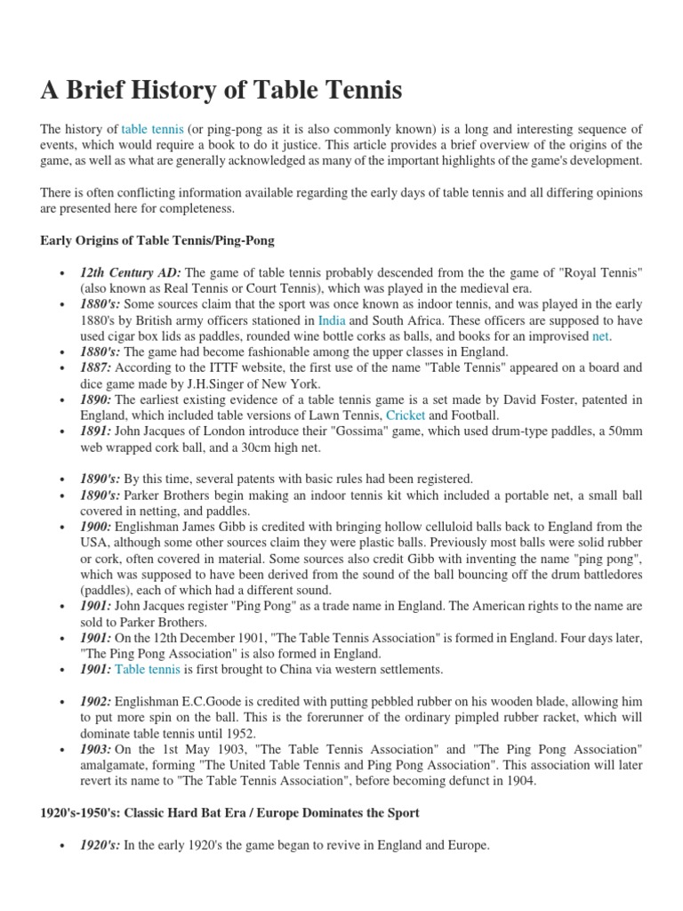 A Brief History of Table Tennis | PDF | Table Tennis | Leisure