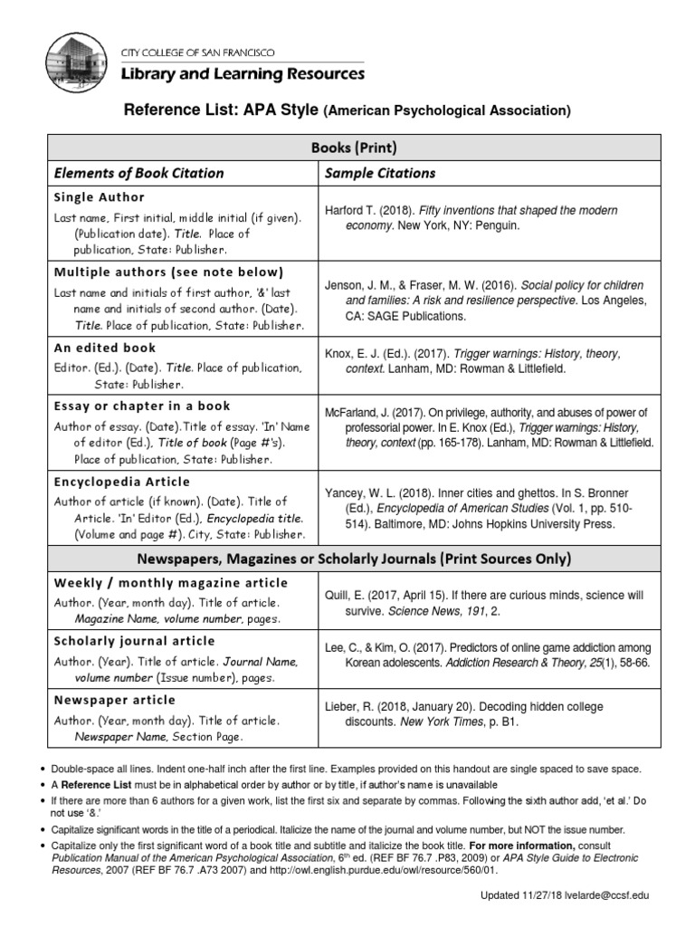 Reference List: APA Style Books (Print) : Elements of Book Citation ...