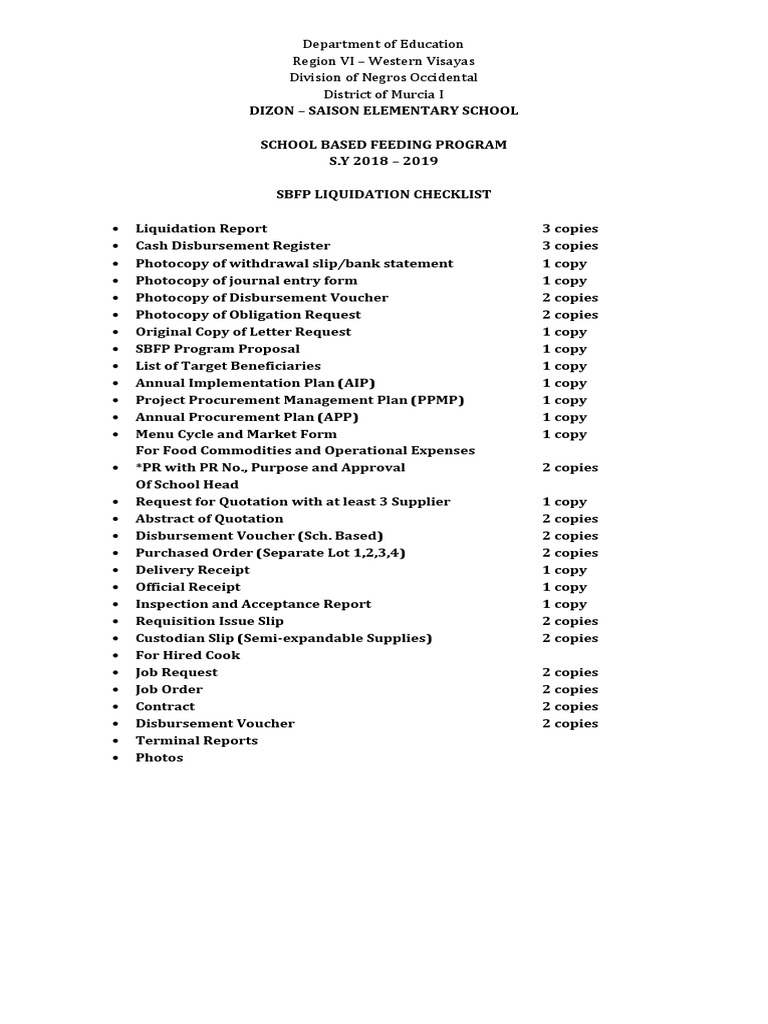 SBFP Liquidation Checklist for Dizon-Saison Elementary School | PDF