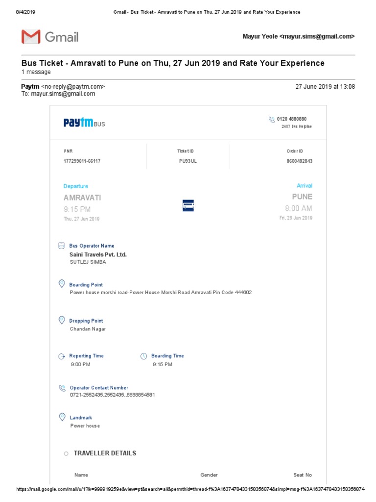 Gmail - Bus Ticket - Amravati To Pune On Thu, 27 Jun 2019 and Rate Your ...