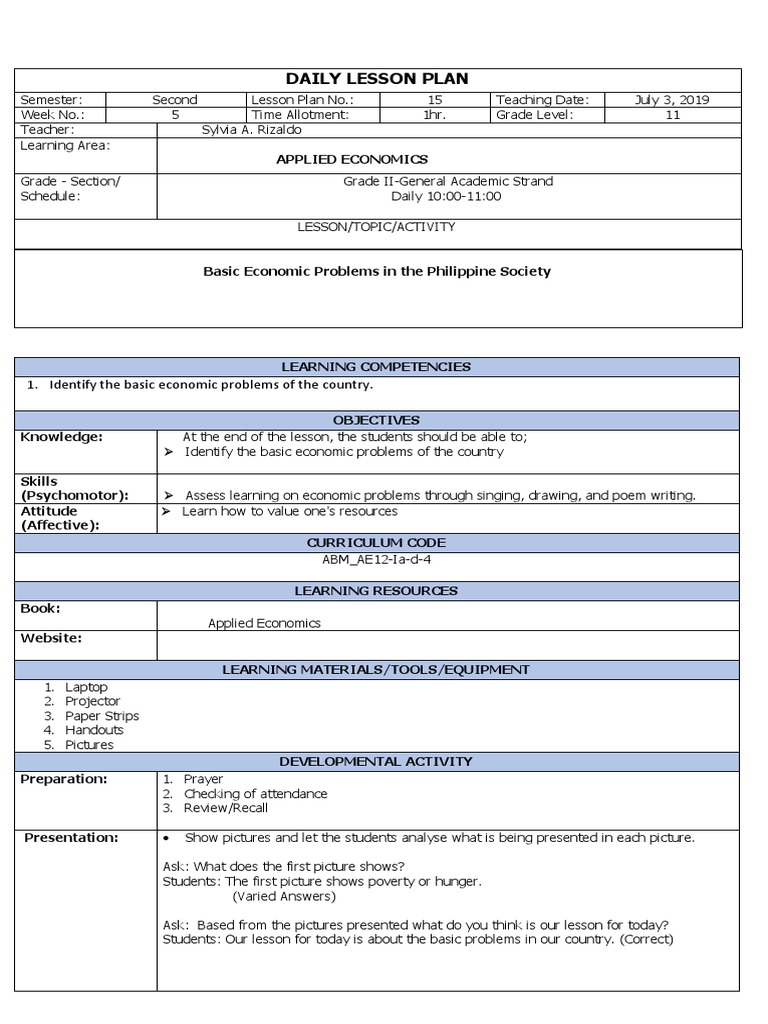 Daily Lesson Plan: 1. Identify The Basic Economic Problems of The ...