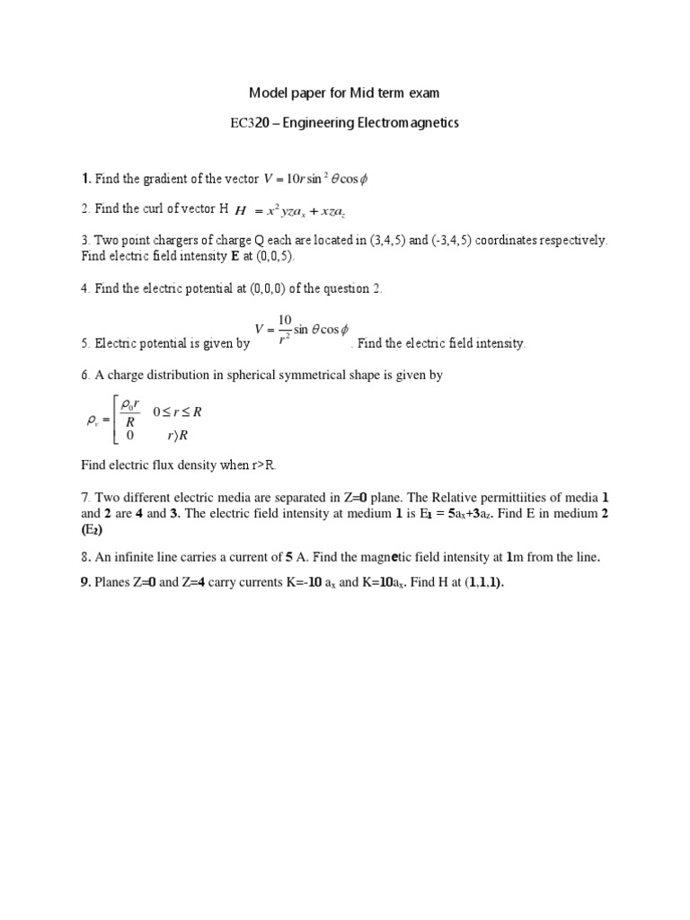 Midterm Exam Model: Engineering Electromagnetics | PDF | Electric Field | Magnetic Field
