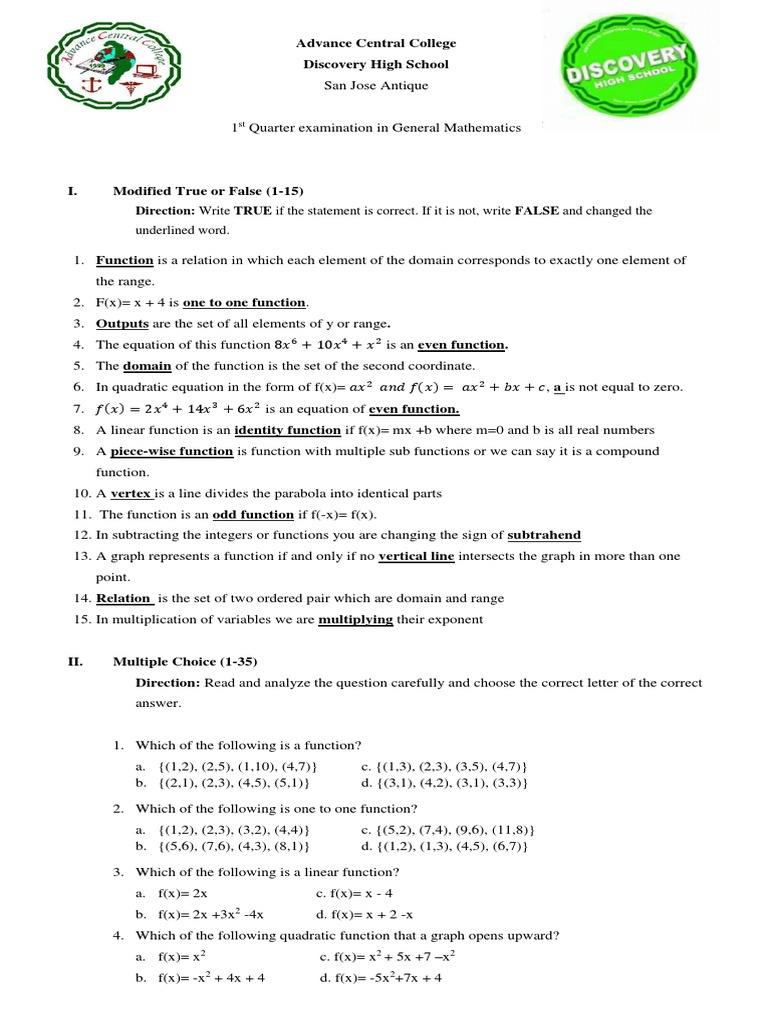 1st Grading Gen Math | PDF | Function (Mathematics) | Exponentiation
