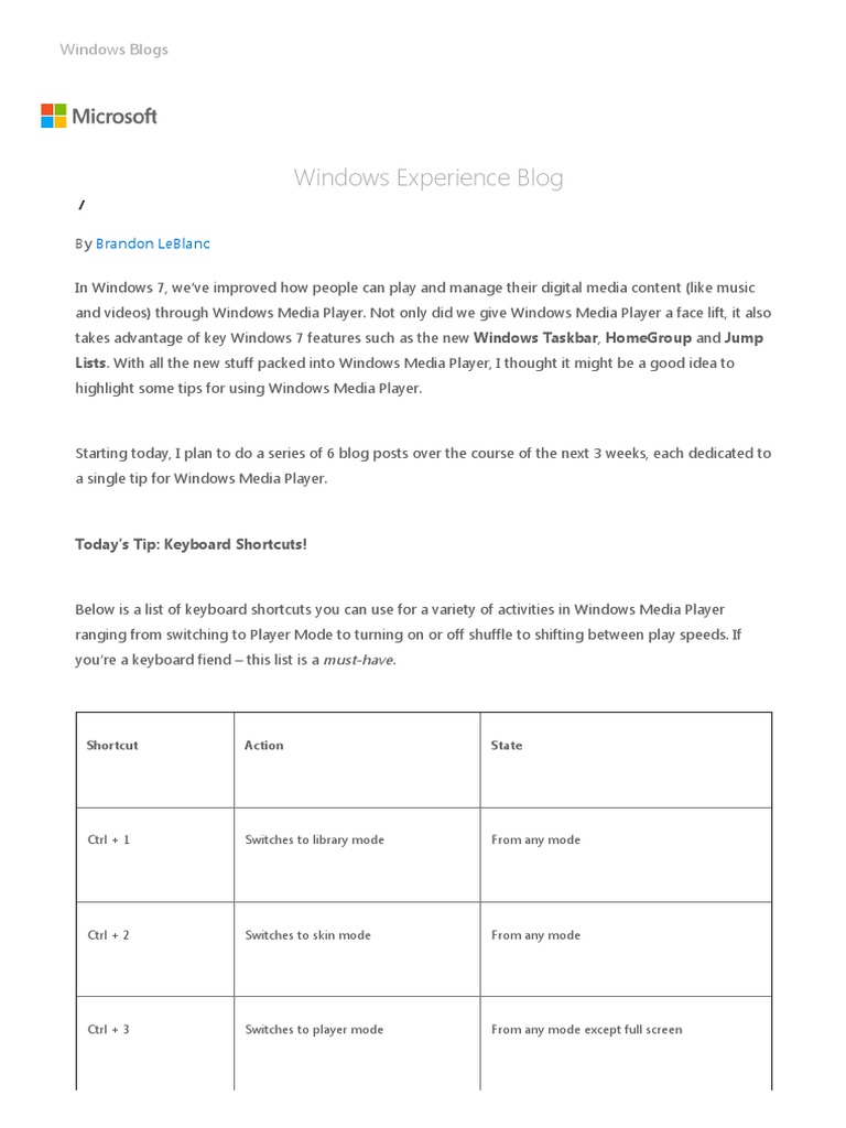 Windows Media Player Shortcuts | PDF | Windows 7 | Microsoft Windows