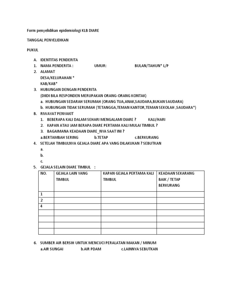 Form Penyelidikan Epidemiologi KLB DIARE | PDF