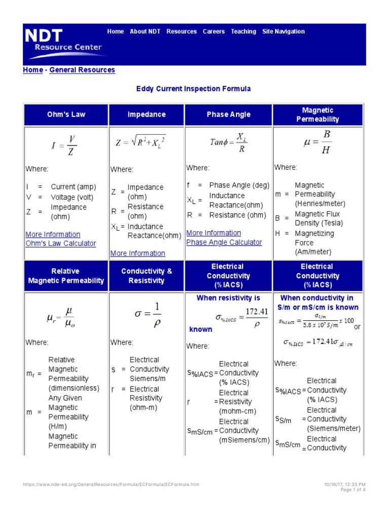 Eddy Current Inspection Formulas | PDF | Electrical Impedance ...
