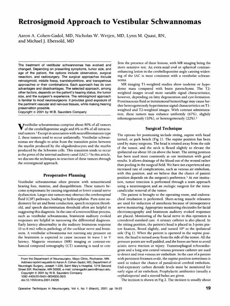Retrosigmoid Approach To Vestibular Schwannomas | PDF | Clinical ...