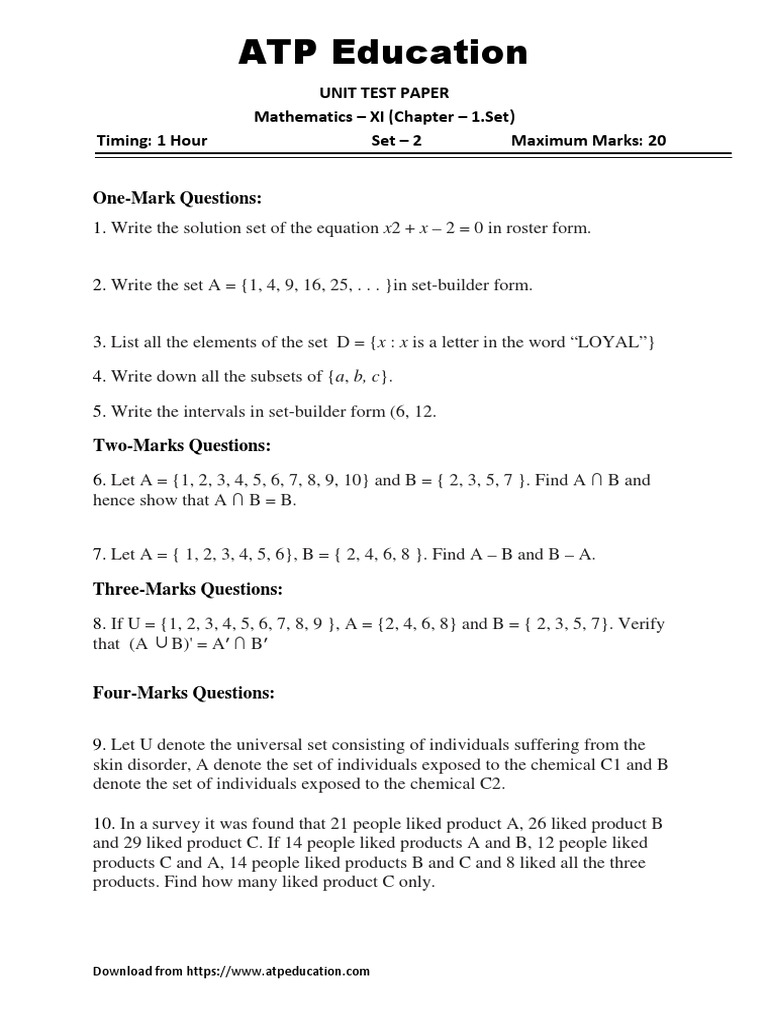 11th Maths Test Papers Chapter 1 Set2 | PDF