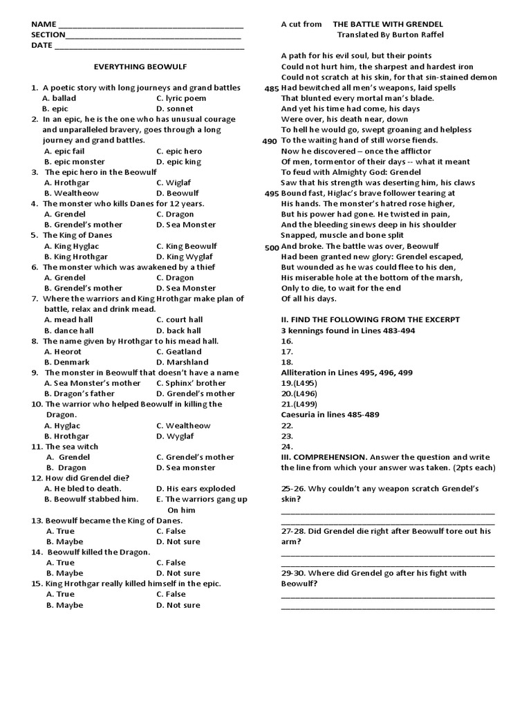 Beowulf Test | PDF | Beowulf | English Heroic Legends