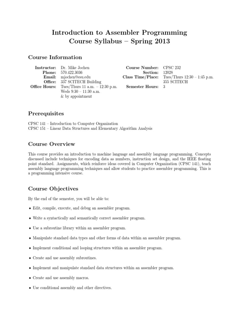 Introduction To Assembler Programming Course Syllabus - Spring 2013 ...