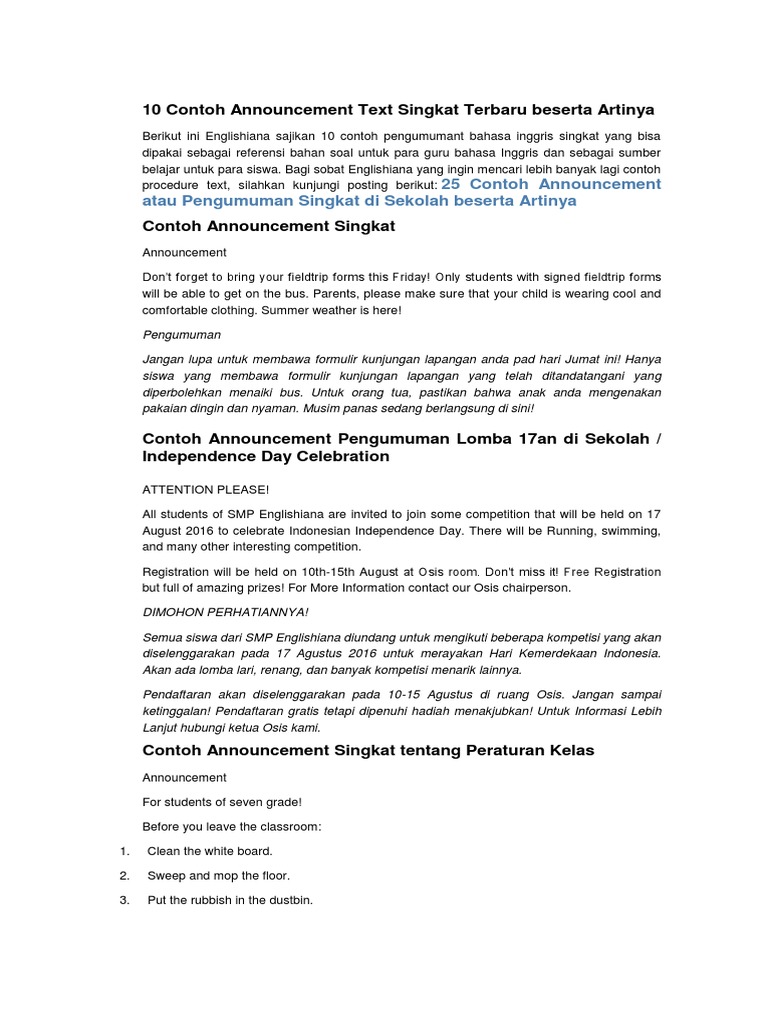10 Contoh Announcement Text Singkat Terbaru Beserta Artinya | PDF