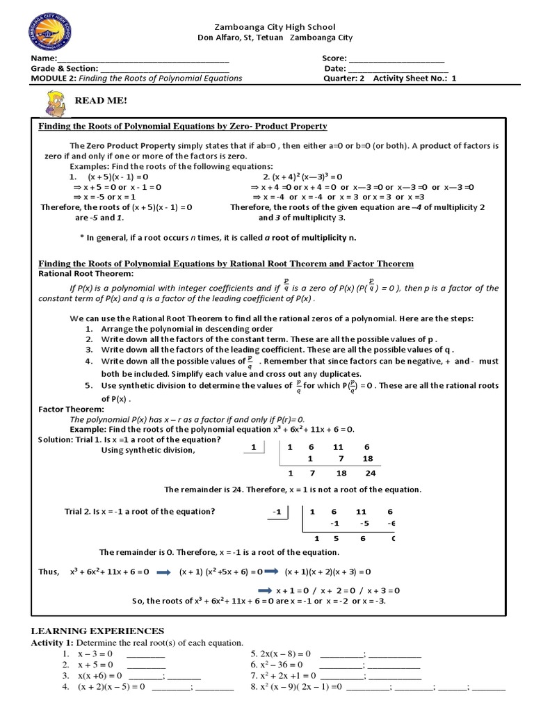 Roots of Polynomial Equations Module | PDF | Factorization | Zero Of A ...
