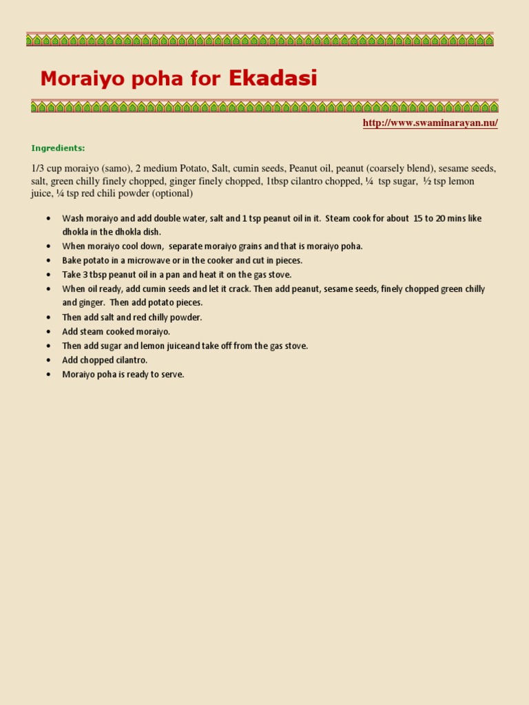 Moraiyo Poha Recipe for Ekadasi Fast | PDF | Peanuts | Chili Pepper