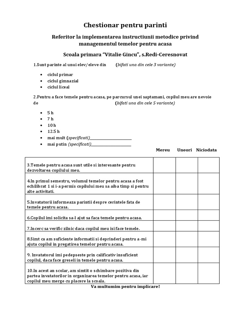 Chestionar Pentru Parinti | PDF
