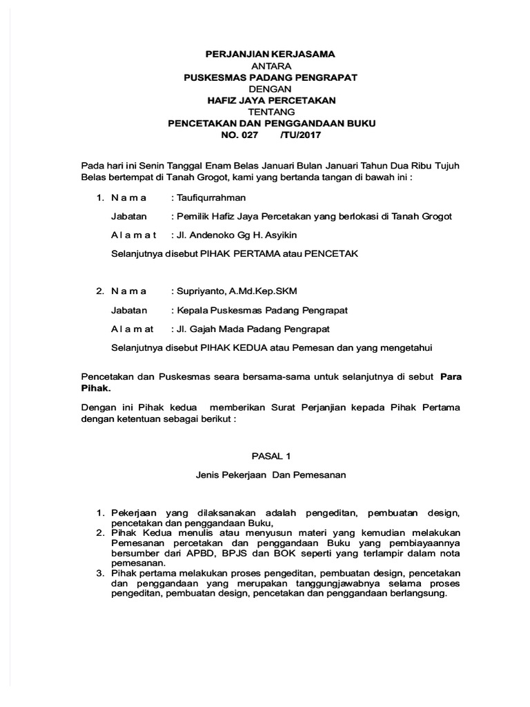Perjanjian Kerjasama Puskesmas Padang Pengrapat Hafiz Jaya Percetakan Pencetakan Dan Penggandaan ...