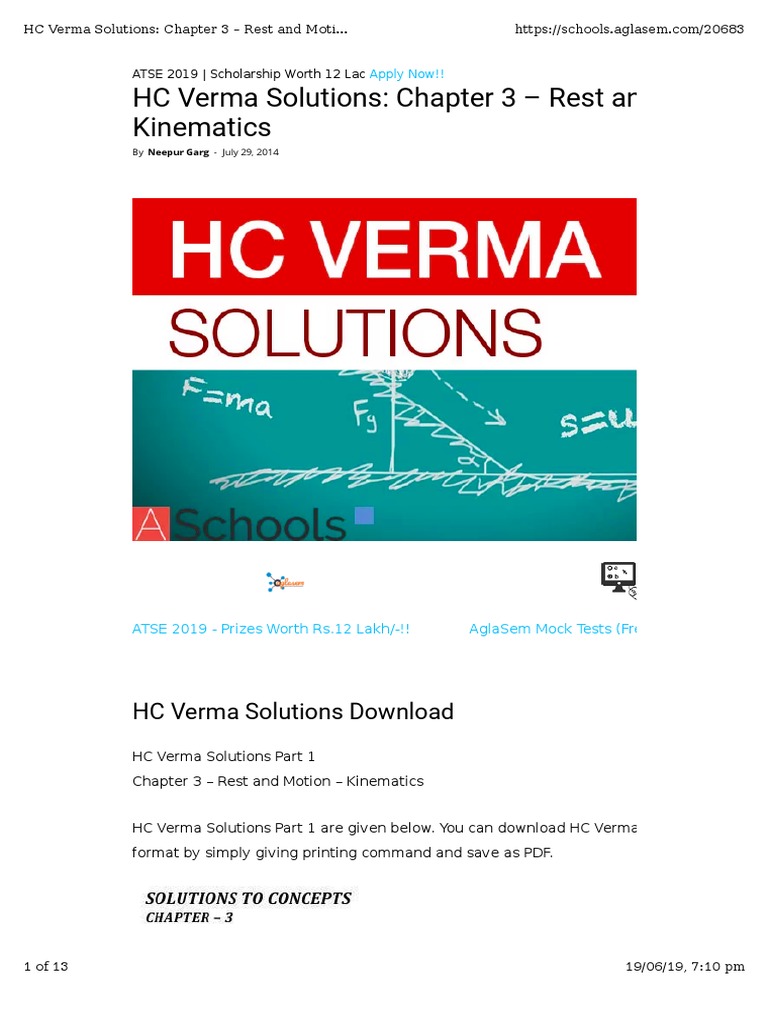 HC Verma Solutions: Chapter 3 - Rest and Motion - Kinematics | PDF