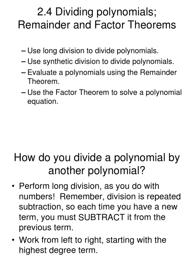 2.4 Dividing Polynomials Remainder and Factor Theorems | PDF | Division ...