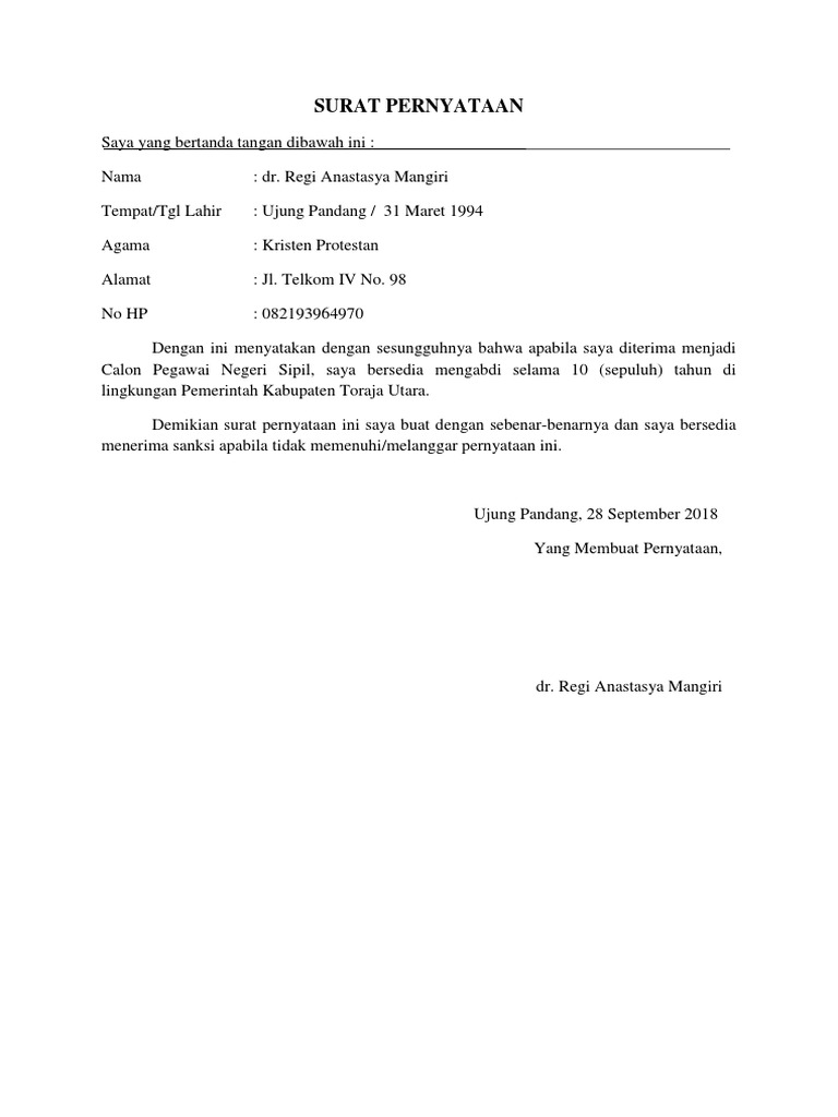 Surat Pernyataan Mengabdi | PDF