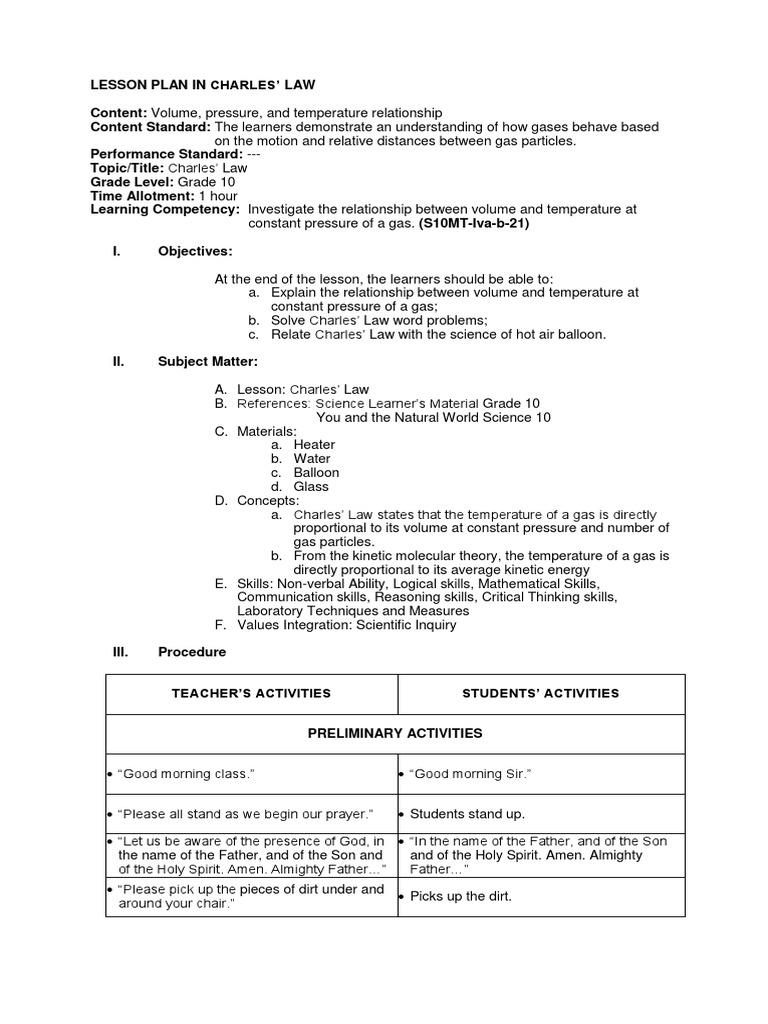 Charles' Law Lesson Plan for Grade 10 | PDF | Gases | Kinetic Energy