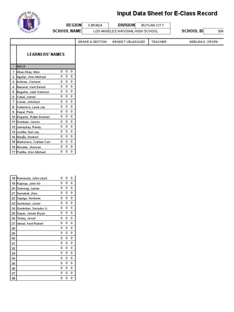 Grade - 7 Velasquez E - Class Record