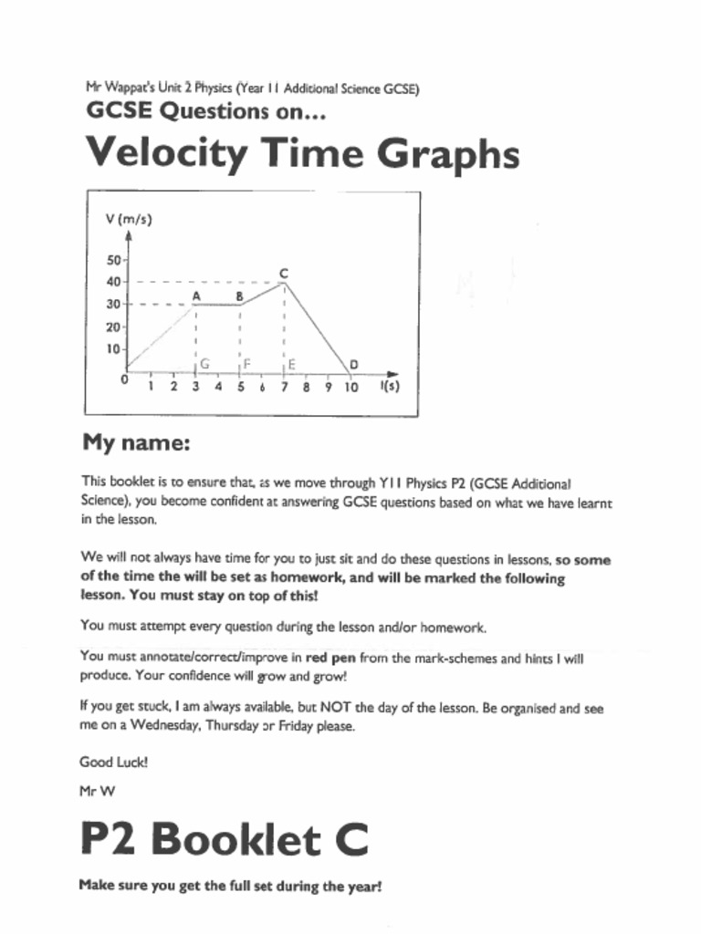P2 Physics Booklet C (Velocity Time Graphs) GCSE Exemplar Questions F-H ...