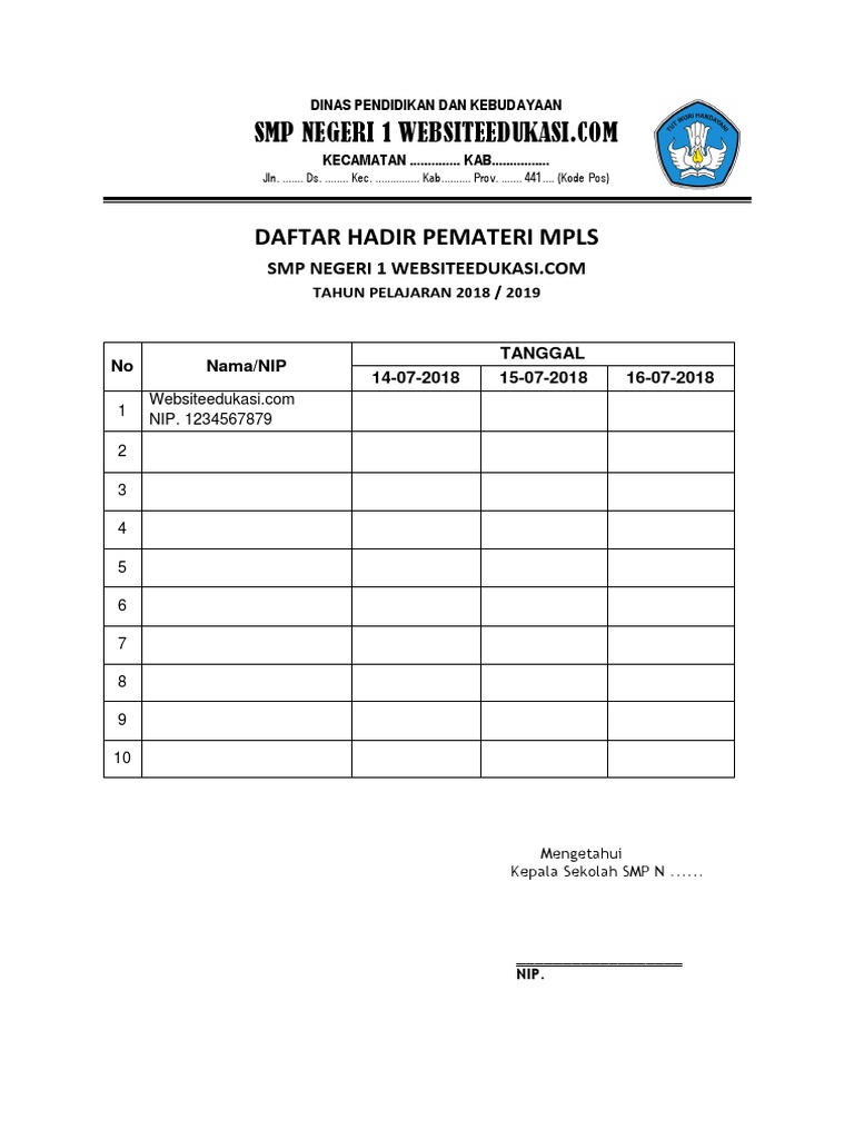 Daftar Hadir Pemateri MPLS SMP 2018 | PDF