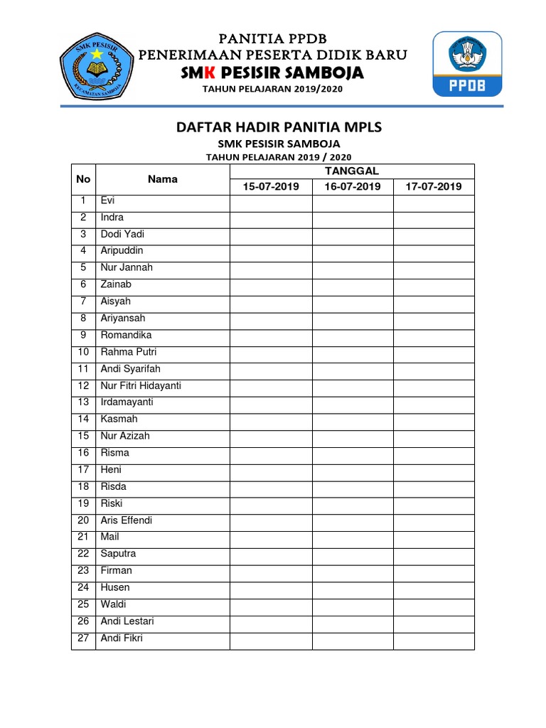 Daftar Hadir Panitia MPLS 2 | PDF