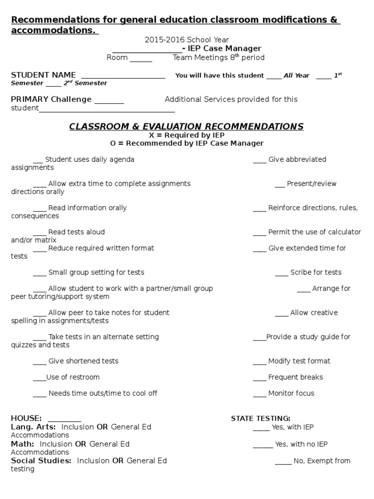 Classroom Modifications and Accommodations for Students with IEPs | PDF ...