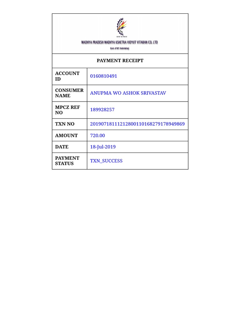 Payment Receipt Account ID Consumer Name MPCZ Ref NO TXN No Amount Date ...
