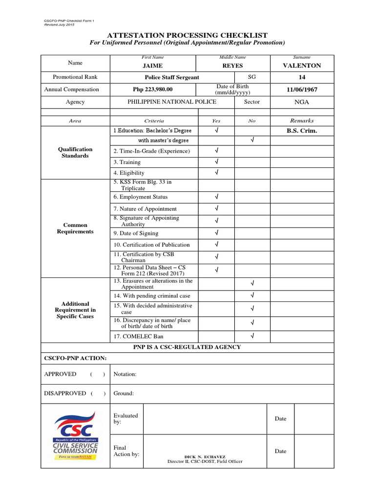 CSCFO PNP Checklist Form 1 | PDF | Government