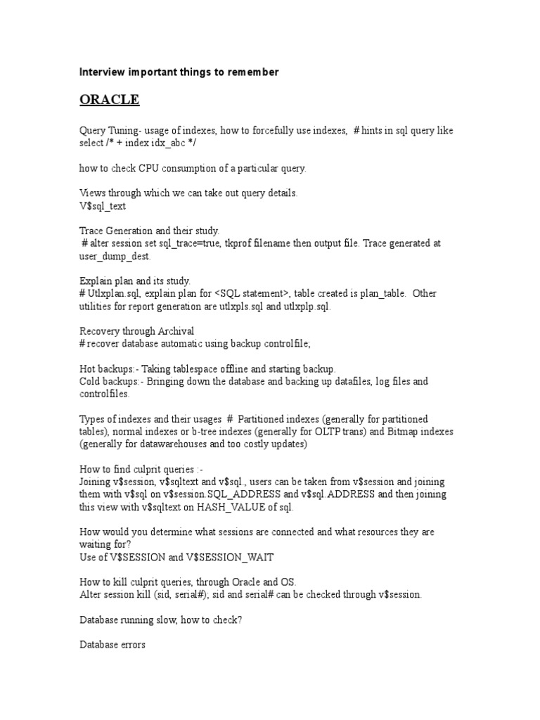 Interview Questions On Oracle Dba Pdf Database Index Oracle Database