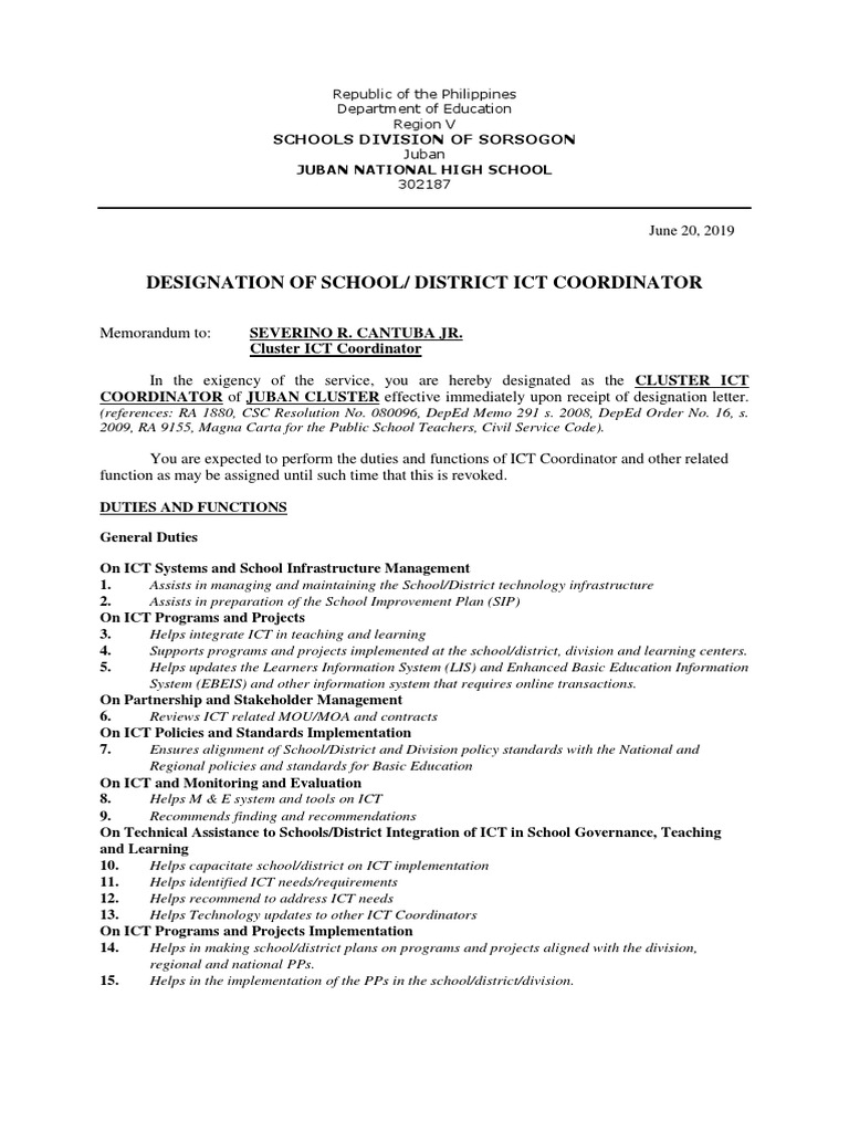 Designation of School/ District Ict Coordinator | PDF | Information And Communications ...