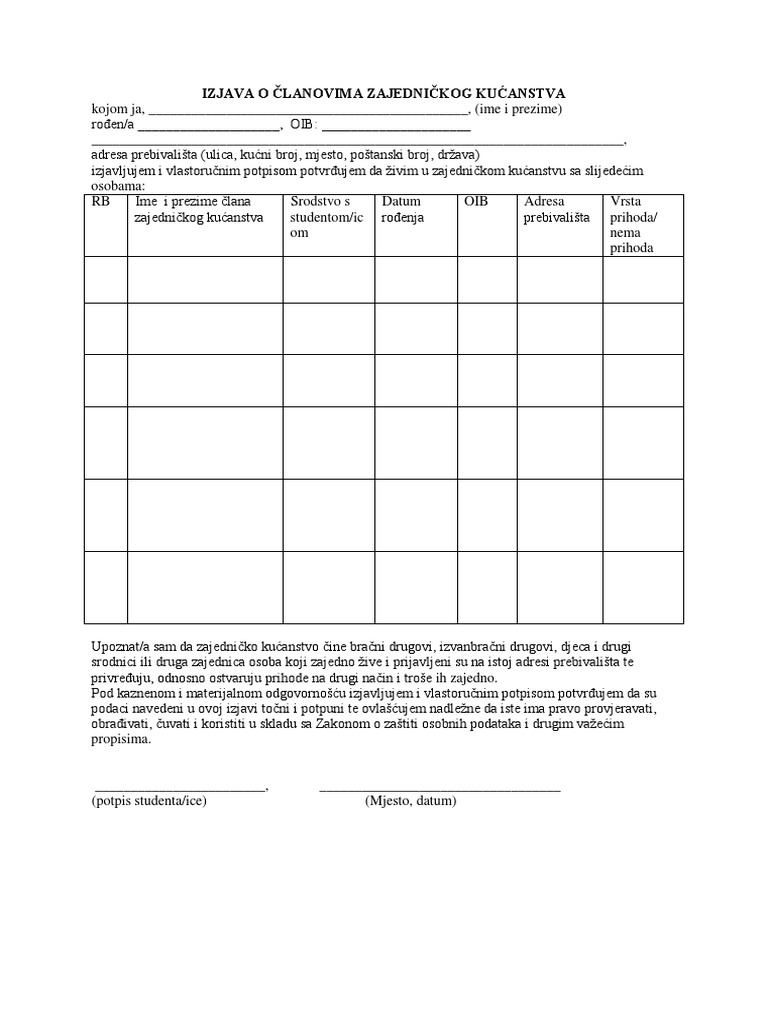 Izjava o Zajedničkom Kućanstvu | PDF
