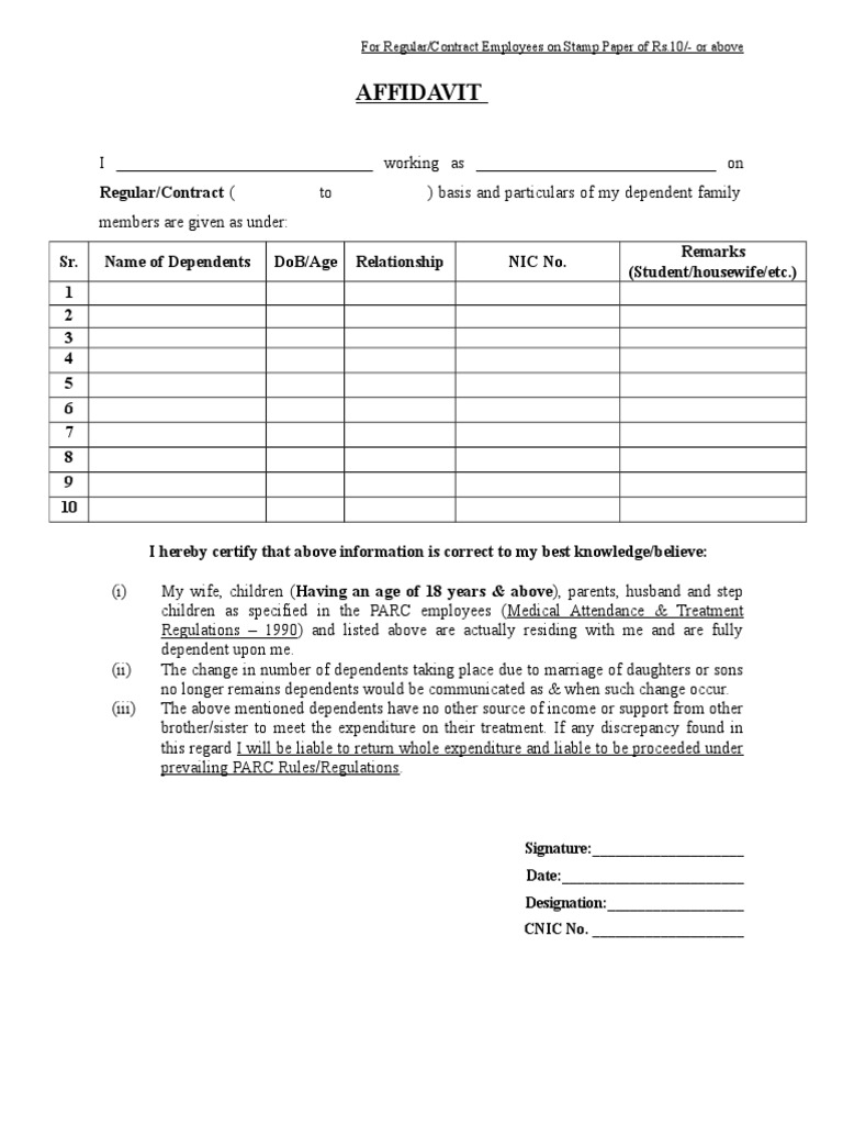 Affidavit: For Regular/Contract Employees On Stamp Paper of Rs.10/-Or ...
