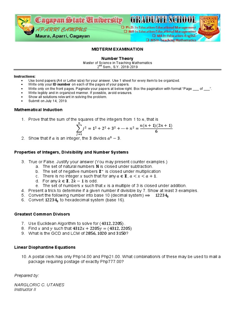 Examination in Number Theory | PDF | Numbers | Integer