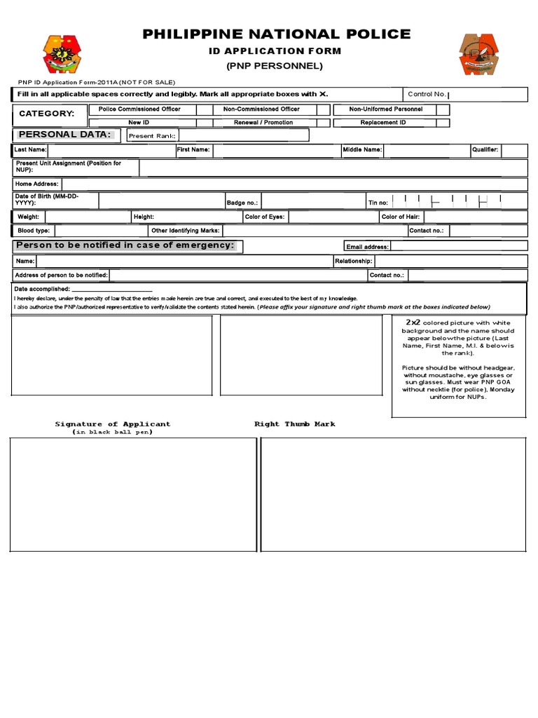 PNP ID Form | PDF | Signature | Identity Document