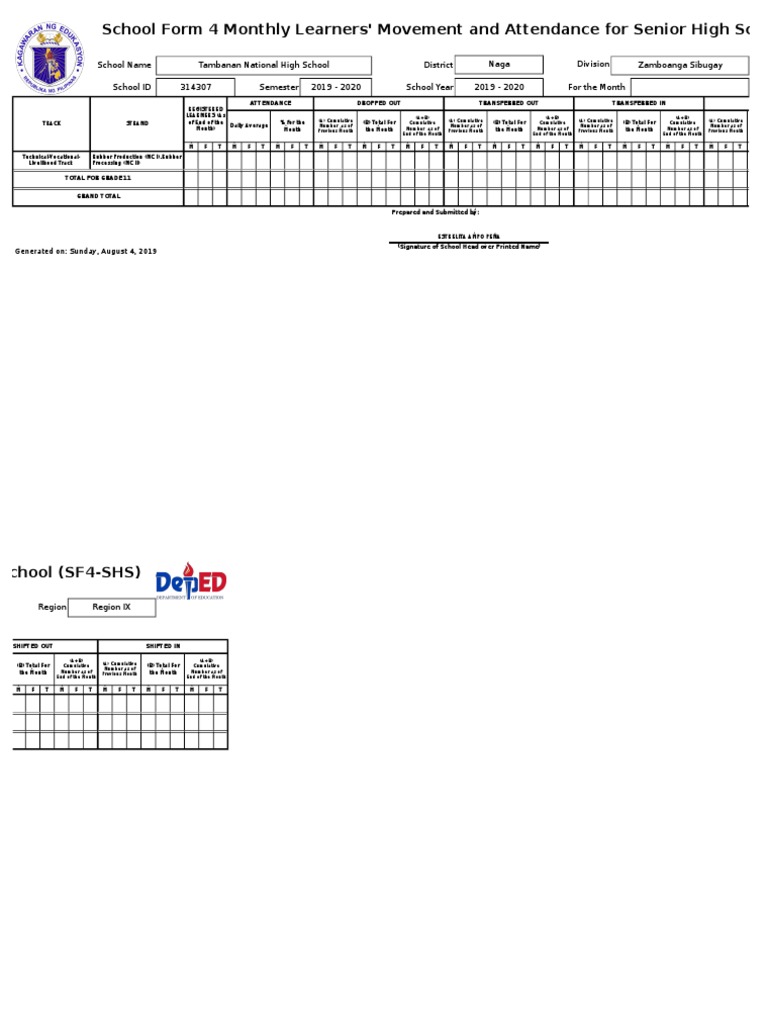 School Form 4 Monthly Learners' Movement and Attendance For Senior High ...